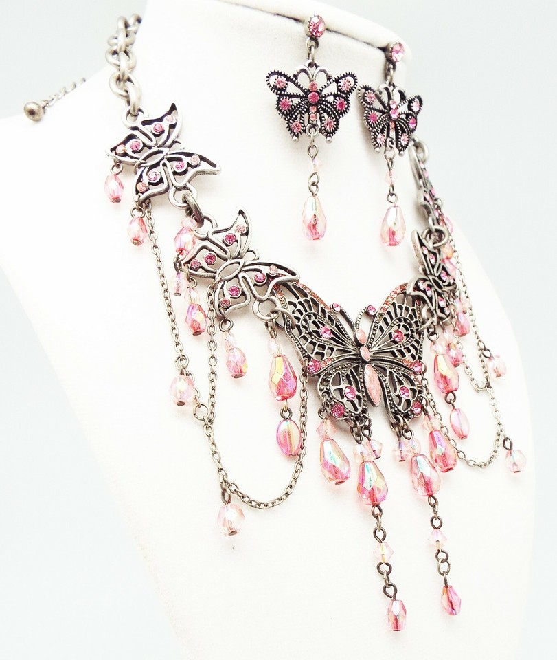 DESIGNER INSPIRED 17 in PINK A/B MULTI CRYSTAL ENAMEL BUTTERFLY ...