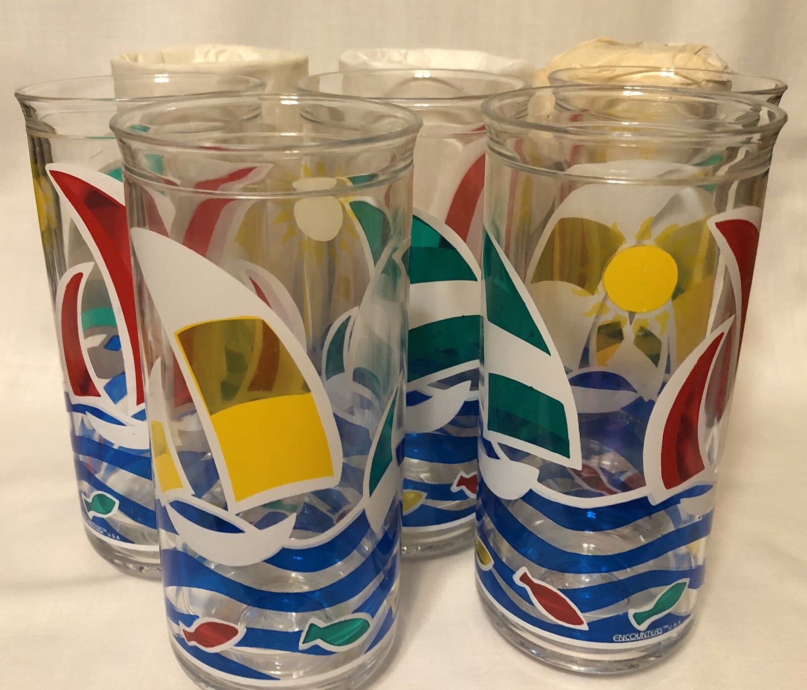 Culver Encounters Set of Pitcher & 8 Highball Tumbler Glasses Sailboats ...