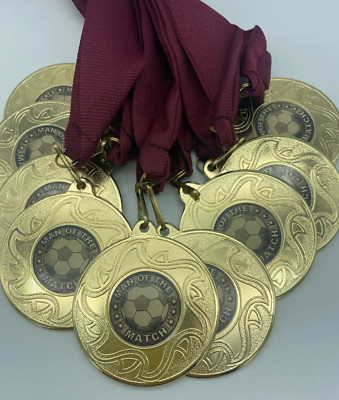 10 x Man of the Match Medals With Maroon Ribbons Gold Football Medal ...