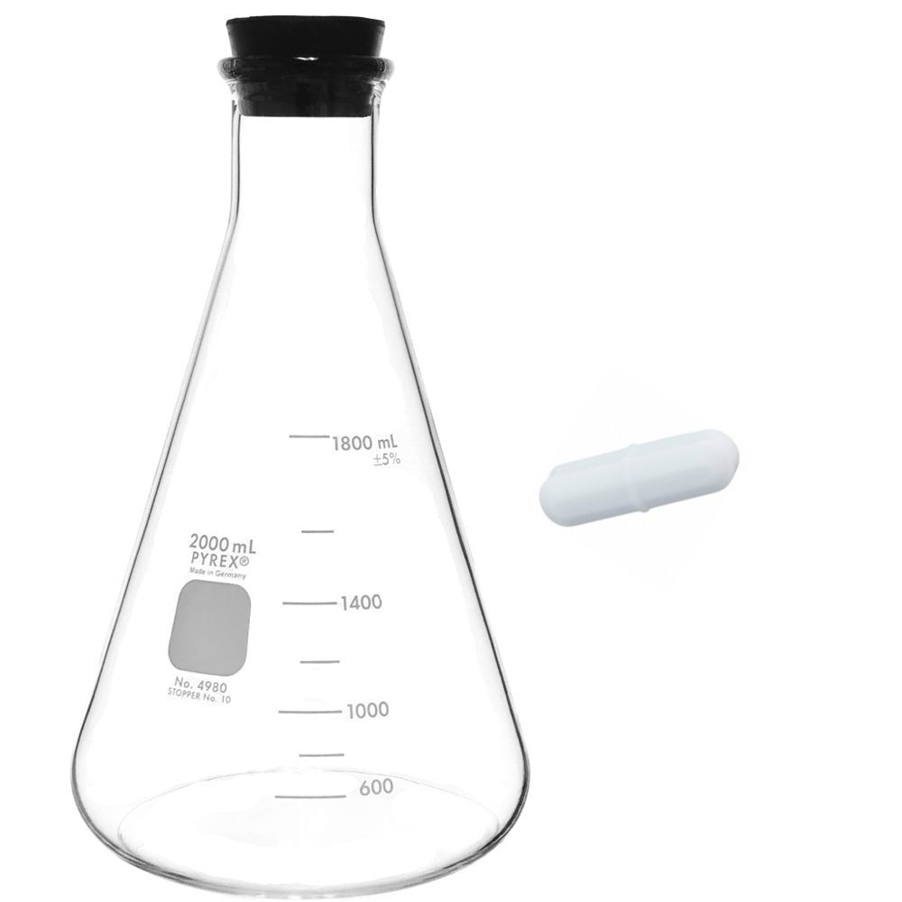Pyrex 4980-2L, 2000mL Erlenmeyer Flask w/ Rubber Stopper & Stir Bar ...