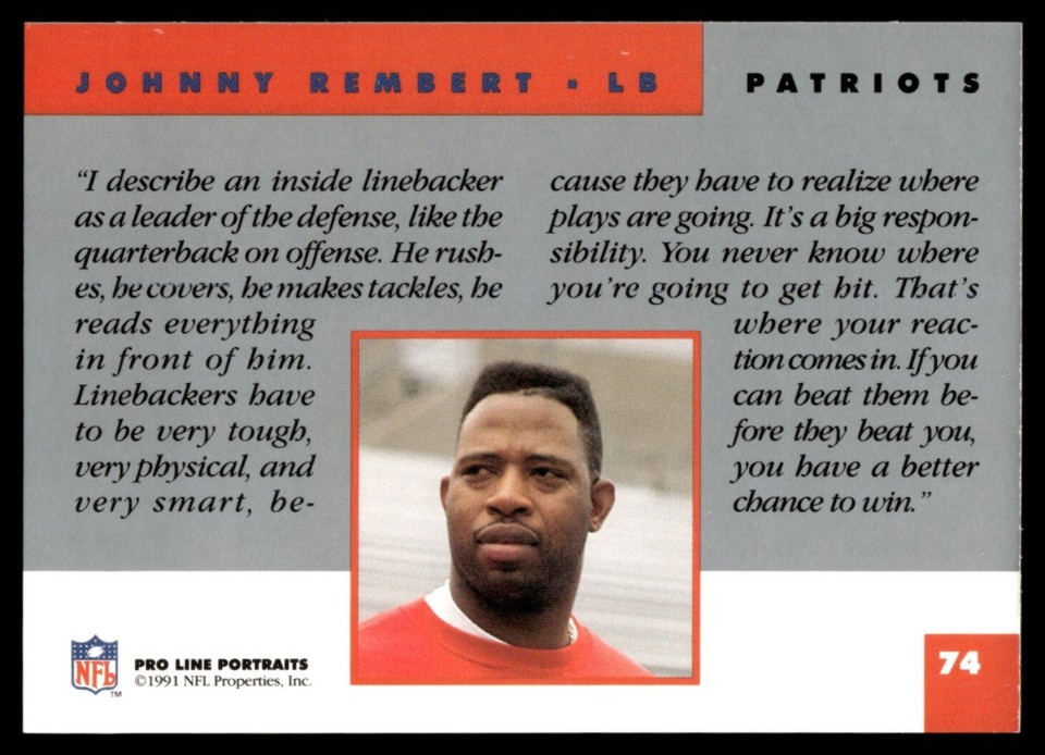 1991 Pro Line Portraits #74 Johnny Rembert New England Patriots | eBay