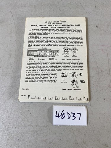 US Army Armor School Bridge Vehicle & Route Classification Card fort ...