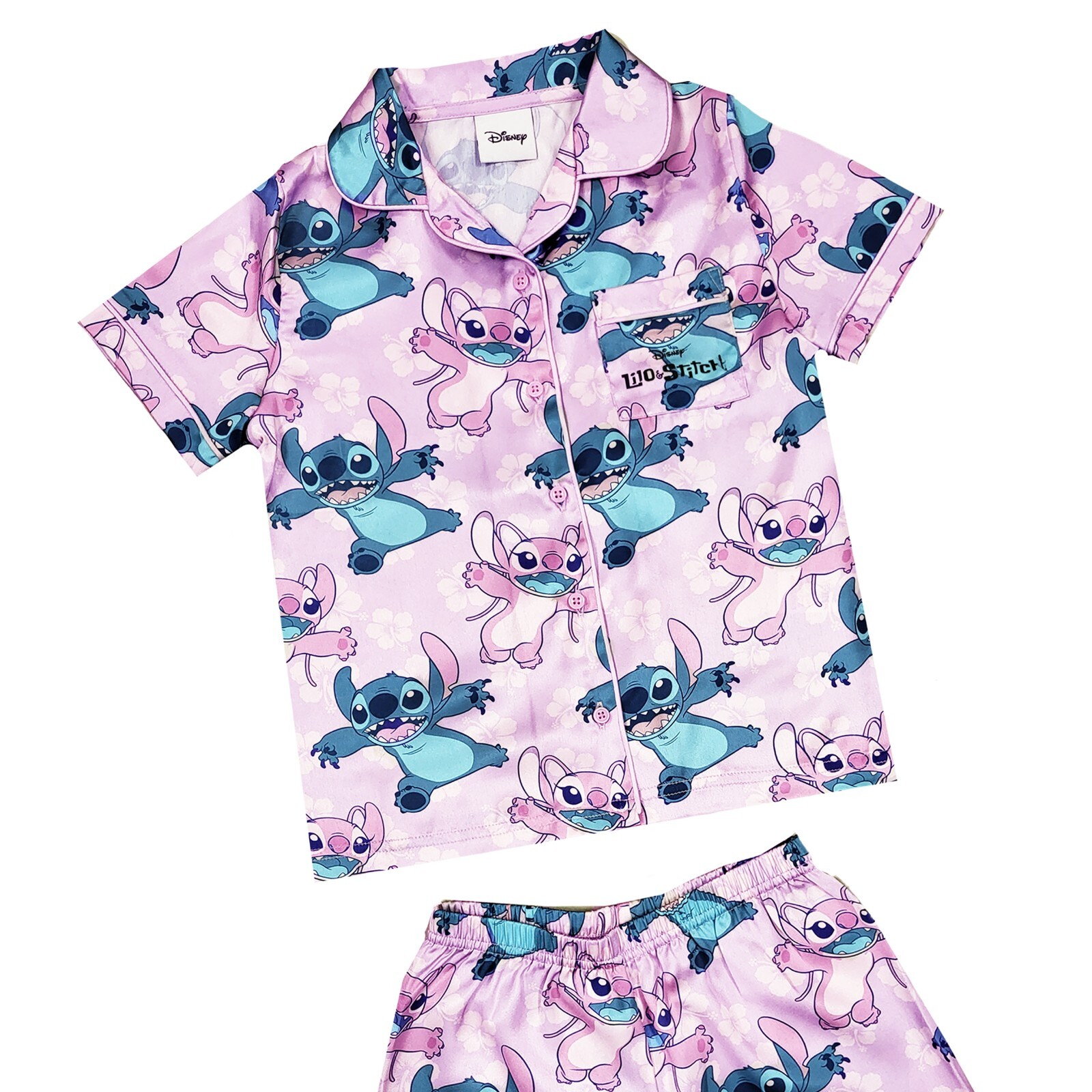 Girls Personalised Disney Lilo & Stitch Satin Short Pyjamas Silk Button ...