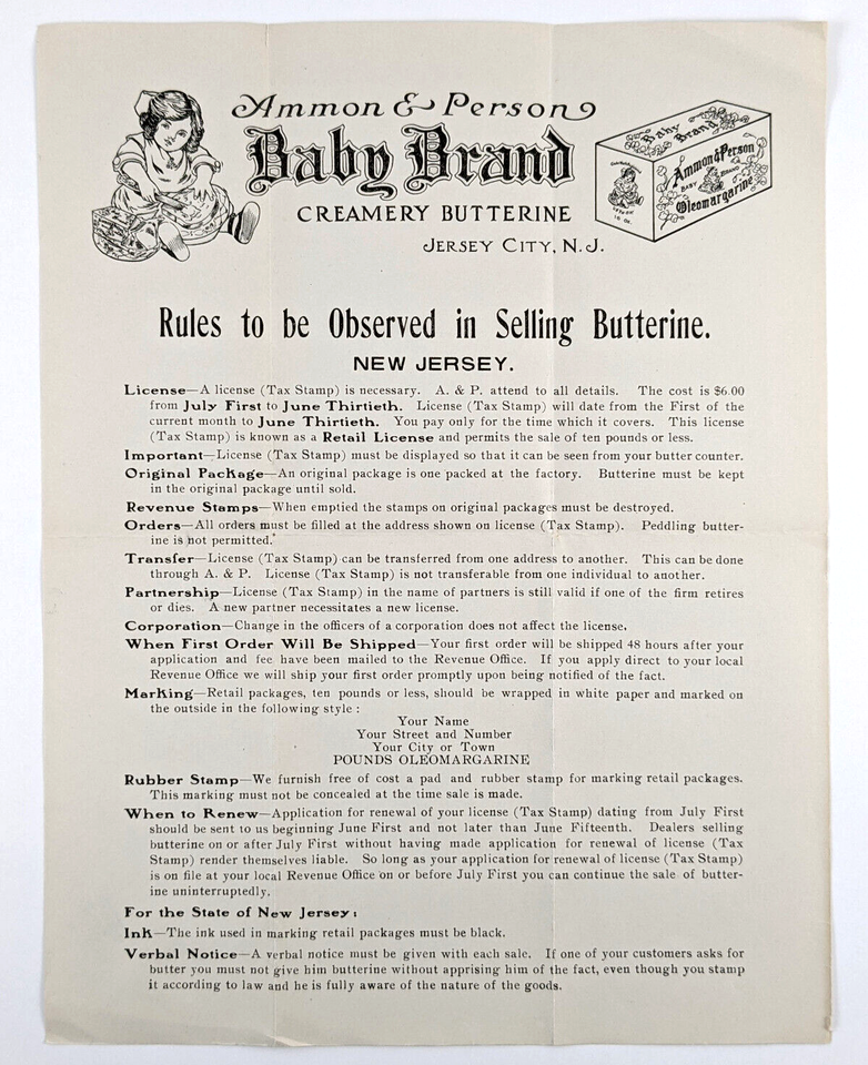 1917 Ammon & Person Baby Brand Margarine Butterine Letterheads Rules ...