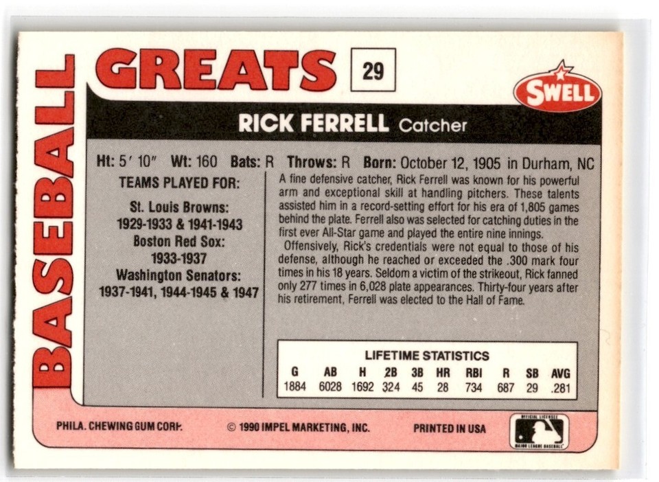 1991 Swell Baseball Greats Rick Ferrell Boston Red Sox #29 | eBay