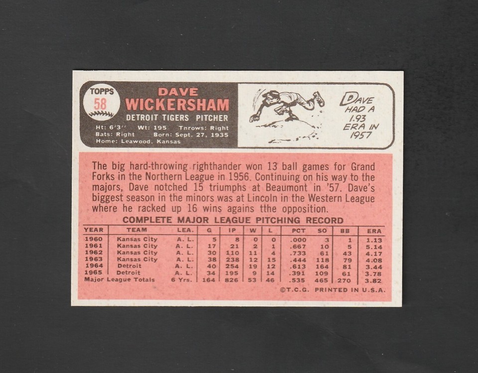1966 Topps Dave Wickersham #58 ~~ Detroit Tigers ~~ Sharp High Grade ...