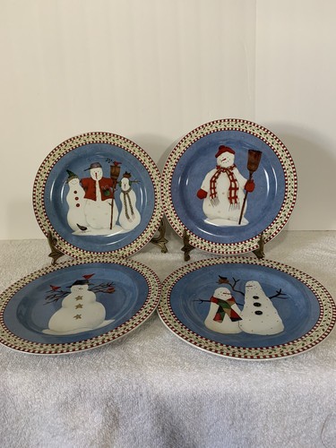 4-Sakura Snowman Holly Red Trim Luncheon Salad Dessert Plates Debbie ...
