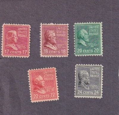 US stamp 1938 Presidents (5) unused hinge mark on back Scott # 822-3 ...