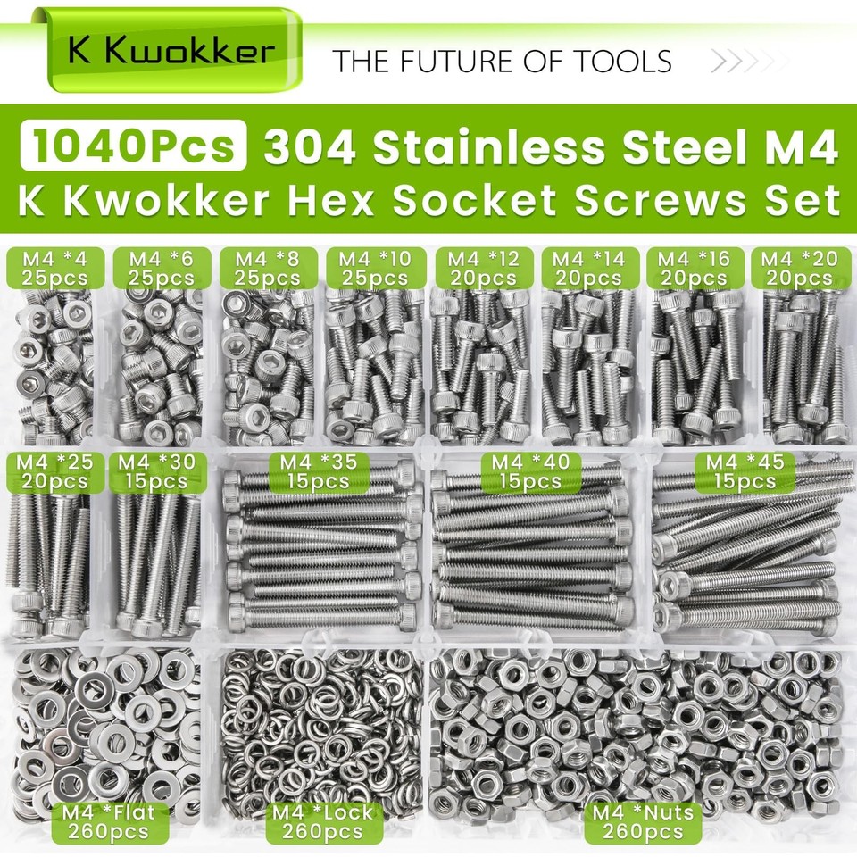 1040PCS M4 Nuts and Bolts Assortment Kit 4mm-45mm, 304 Stainless Steel ...