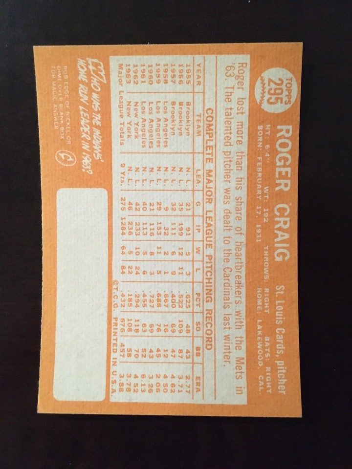 1964 Topps #295 Roger Craig Cardinals - EX/NM | eBay