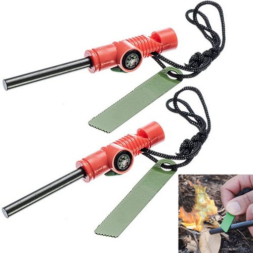 2 Pk Fire Starter Multi-Function Survival Tool Whistle Flint Rod ...