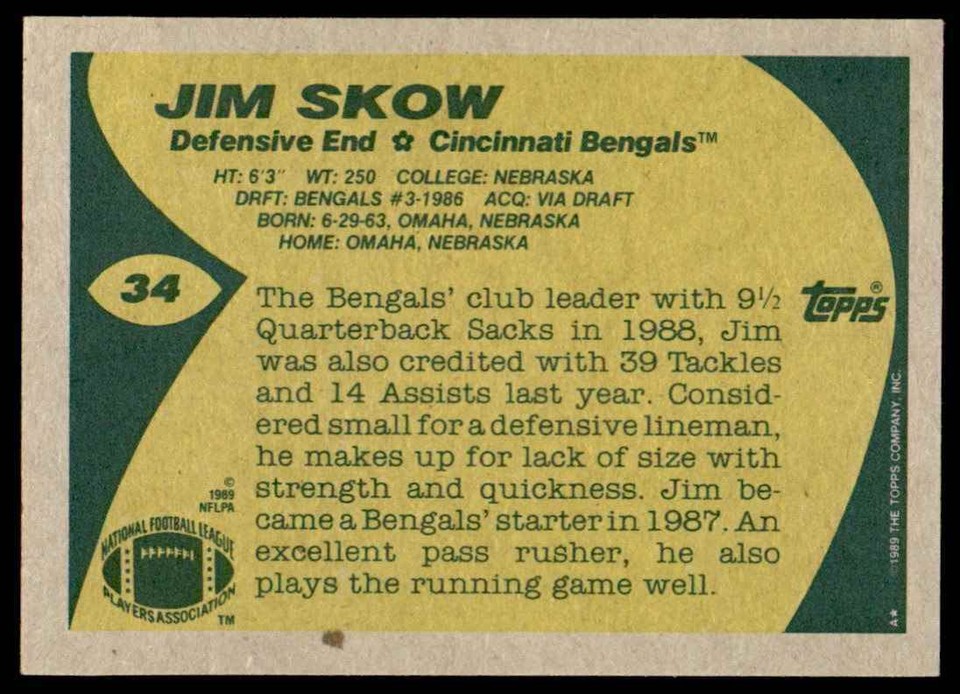 1989 Topps Jim Skow Cincinnati Bengals #34 | eBay