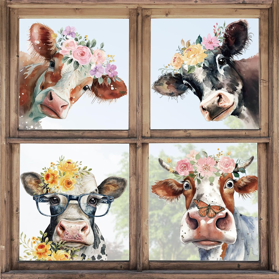 Floral Cow Window Clings Cute Cow Window Stickers Double-Side Glass ...