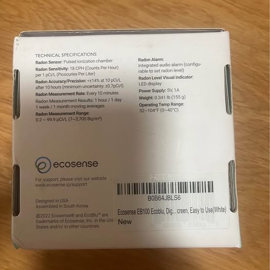Ecosense EB100 EcoBlu, Home Radon Detector, Display Results Every 10 ...