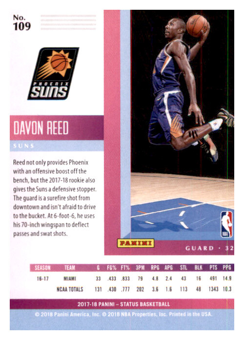 2017-18 Status Davon Reed Suns #109 NBA Rookie RC PWE | eBay