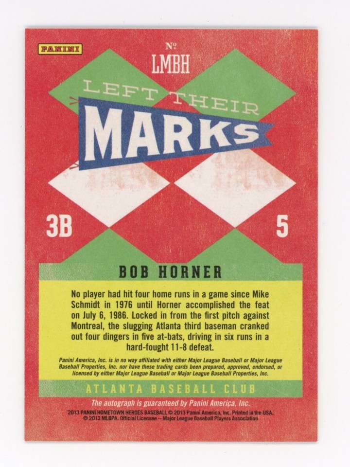 2013 Panini Hometown Heroes BOB HORNER AUTO AUTOGRAPH #LMBH Atlanta ...