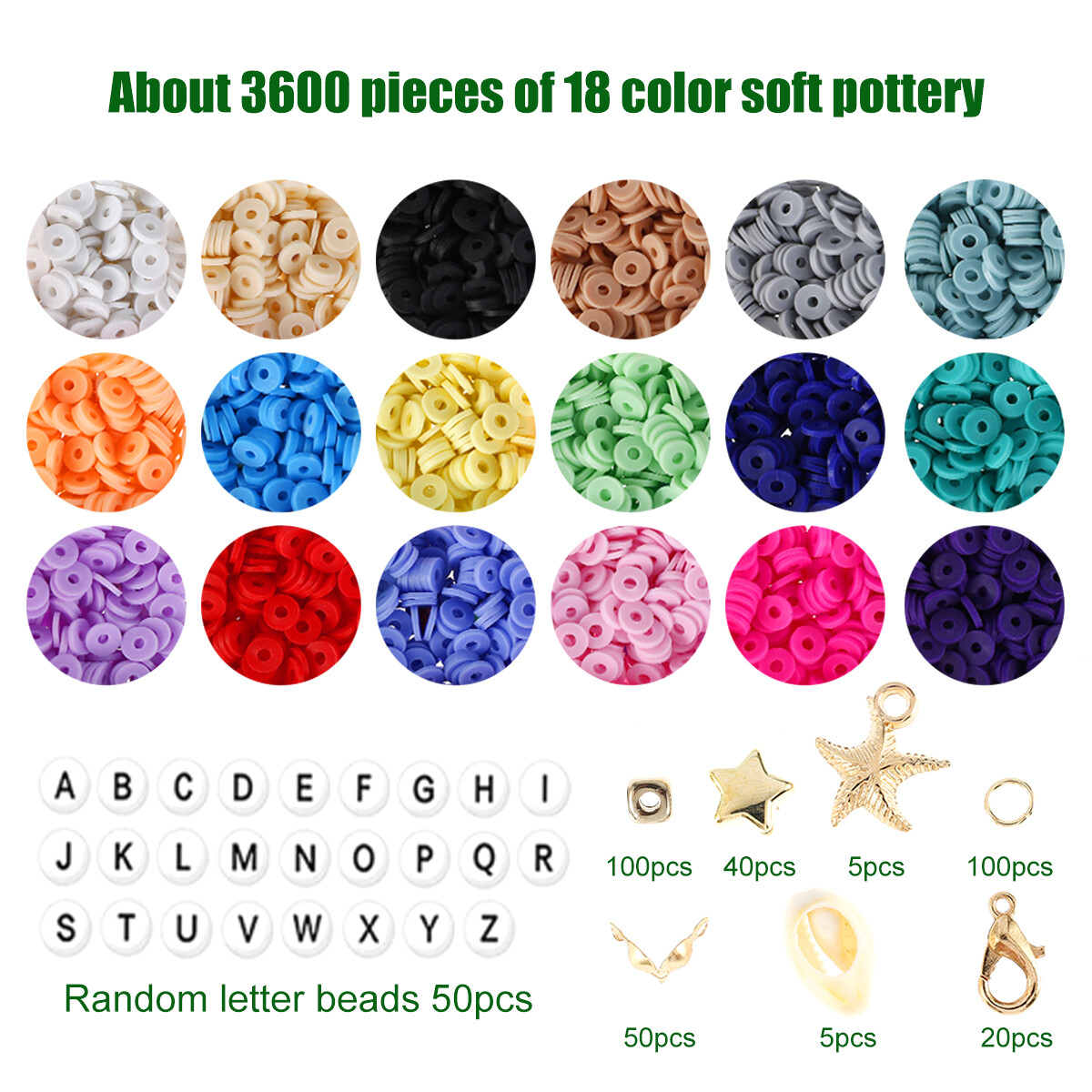 3600pcs Clay Beads 18 Color 6mm Flat Round Clay Beads Set DIY Bracelets ...