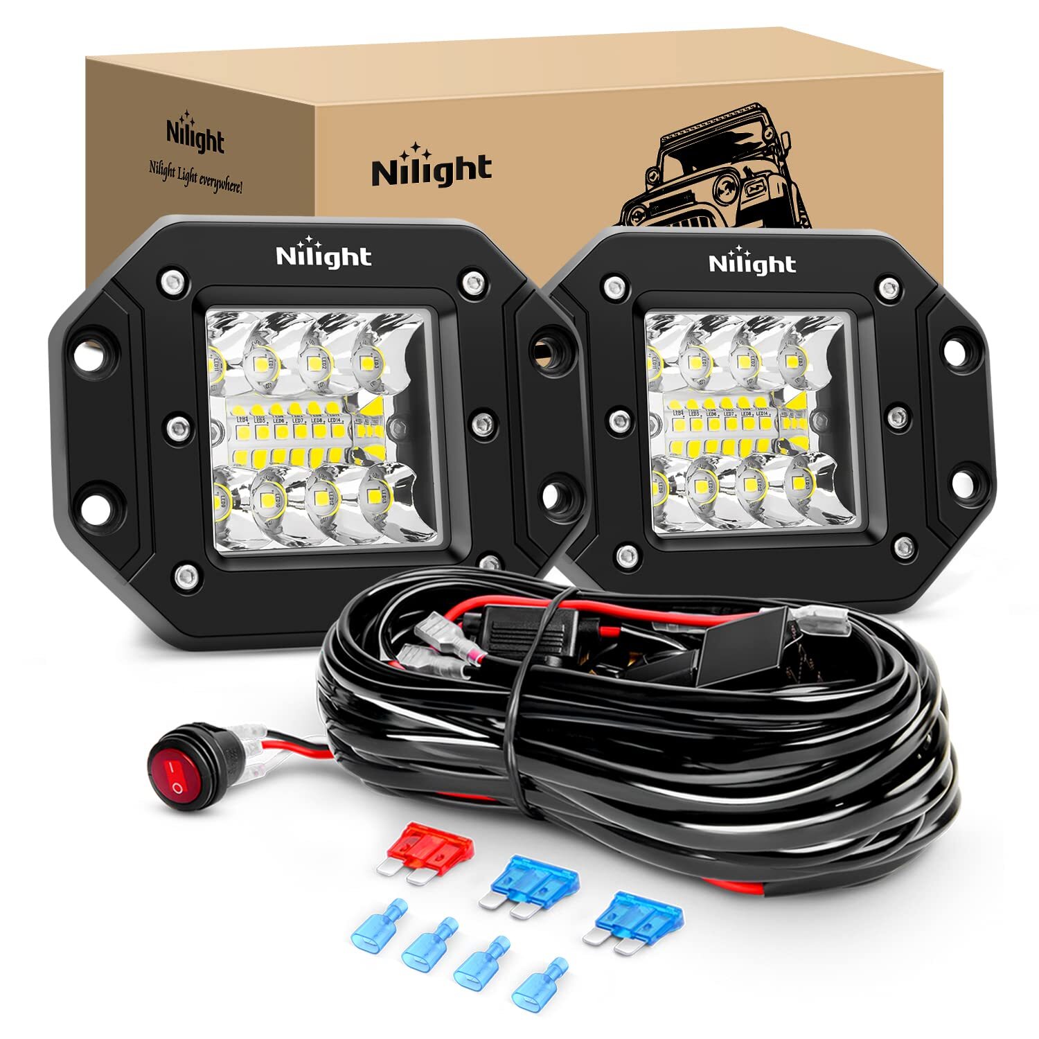Nilight 2PCS 42W Flush Mount LED Pods Spot Flood Combo Beam Driving ...