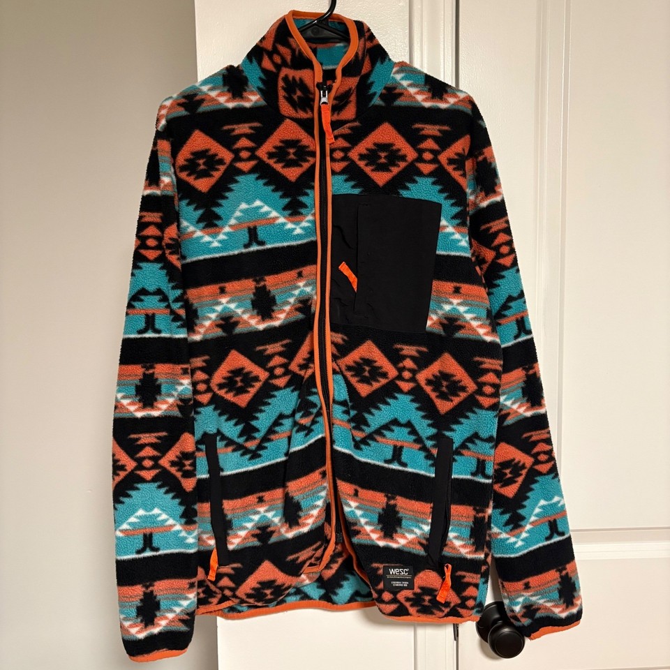 WeSC Fleece Jacket Men's Large XL Aztec Tribal Full Zip Nordic Pattern ...