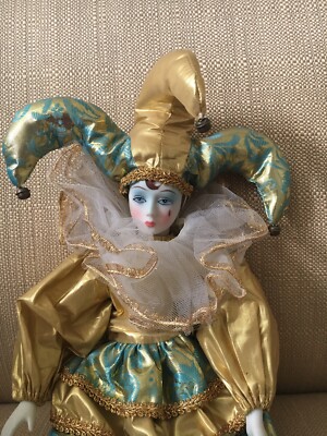 VINTAGE 19" Harlequin Mardi Gras Jester Clown Porcelain Doll Gold Blue ...