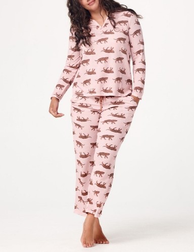 Cuddl Duds Pointelle Knit Henley Top Pant Pyjama Set, Leopard Print ...