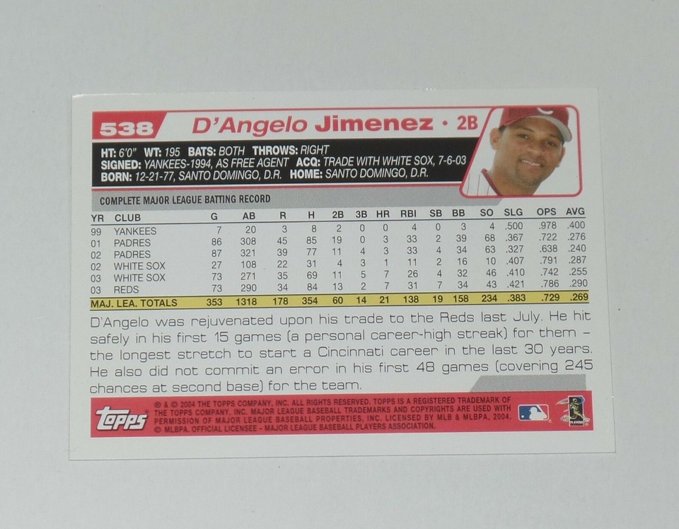 D'ANGELO JIMENEZ SIGNED AUTO'D 2004 TOPPS CARD #538 CINCINNATI REDS ...