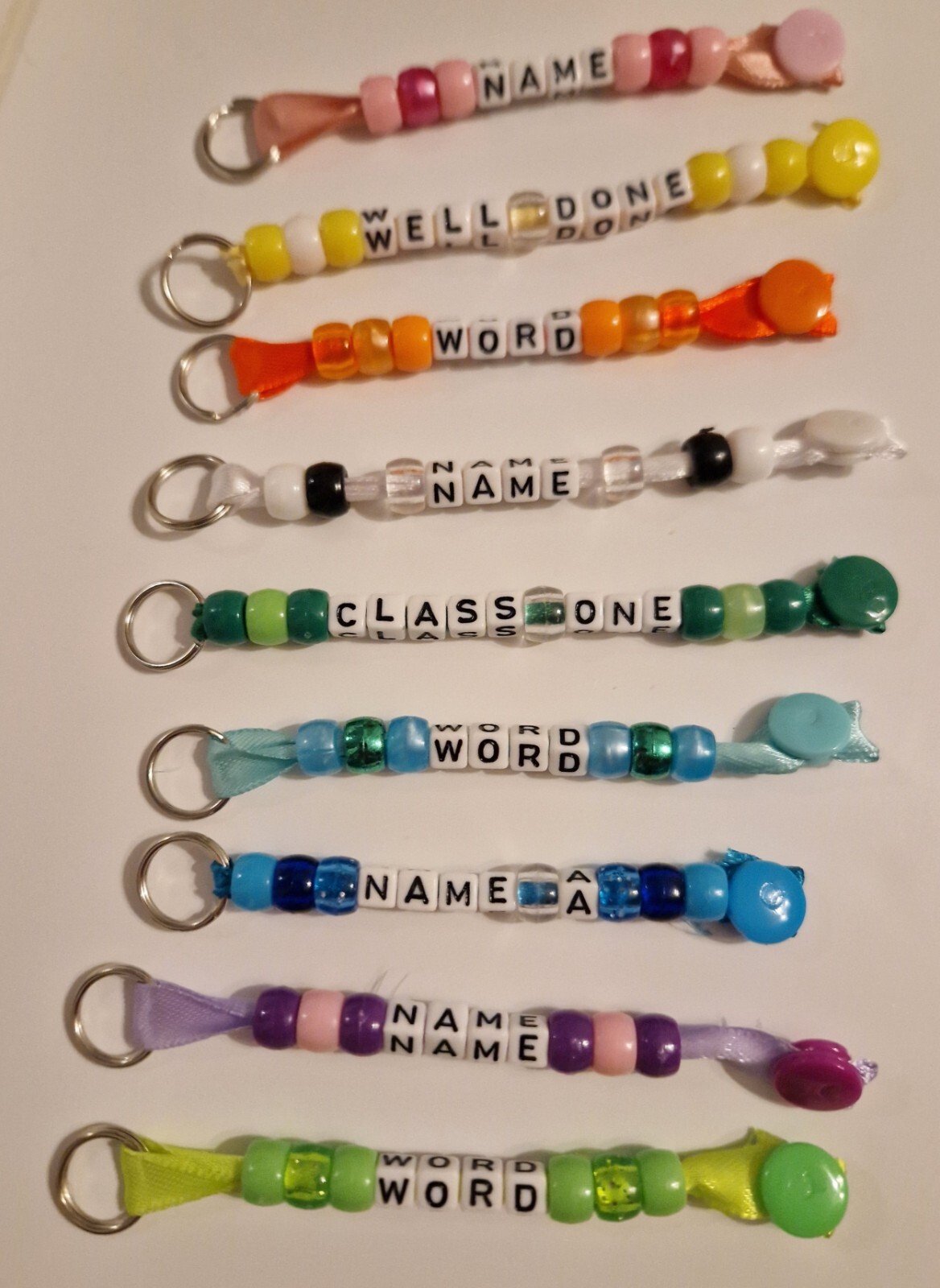 Personalised handmade beaded keyrings for bookbag, keys, gifts, tags ...