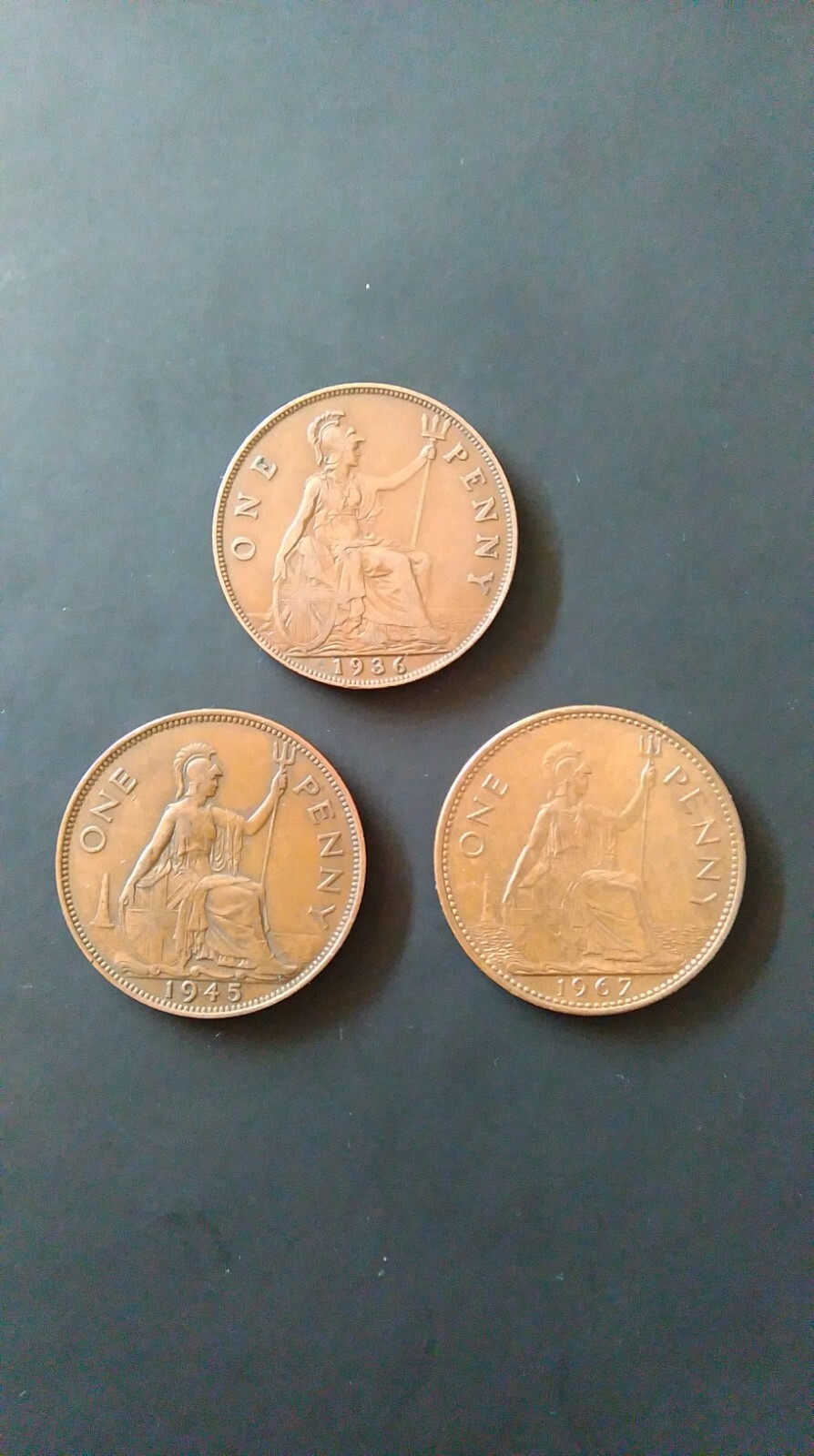 rare 1p coin 1936. 1945 .1967. Copper with the heads of 3 seperate ...