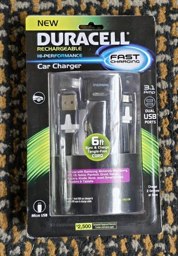 NEW! Duracell Micro USB Car Charger ** 6 ft Charge Cord ** Dual USB ...