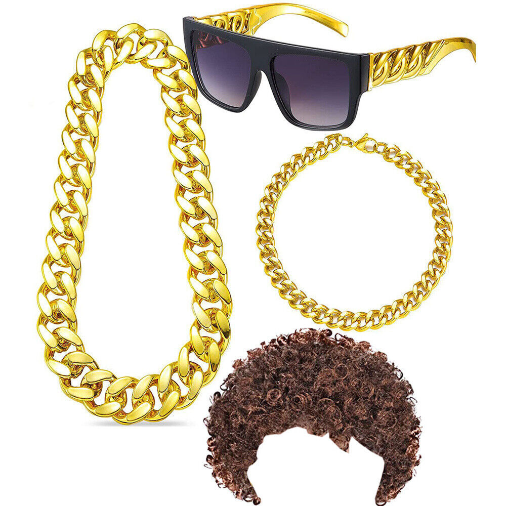 4Pcs Hip Hop Costume Accessories Wig Gold Chain Punk Sunglasses Rapper ...
