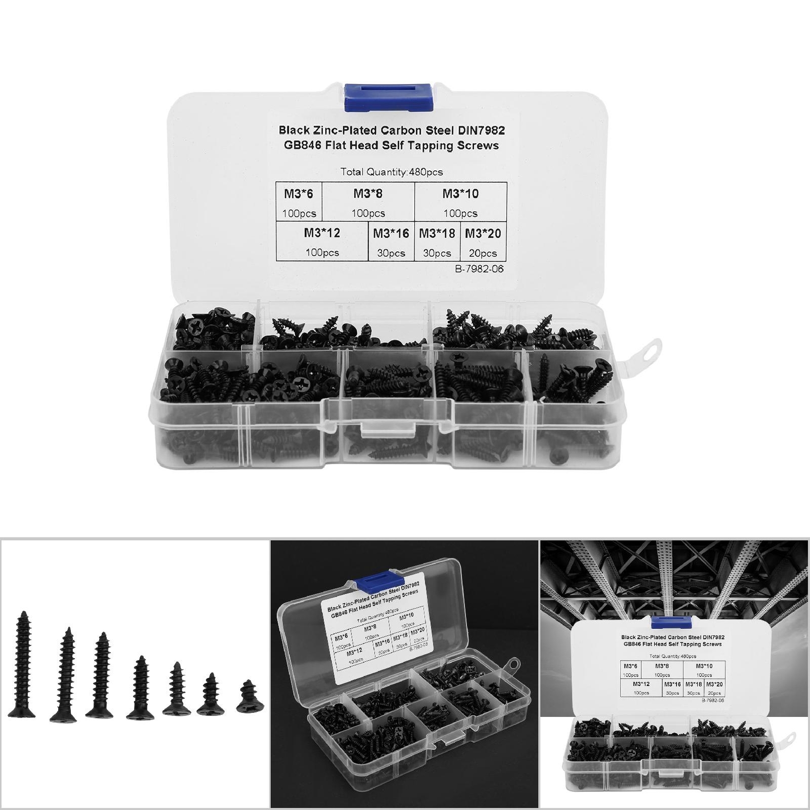 480Pcs Self Tapping Screw M3 Flat Head Carbon Steel Hardware Fasteners ...