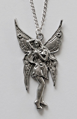 Chain Necklace #142 Pewter Fairy w/ large wings (48mm high) silver tone ...