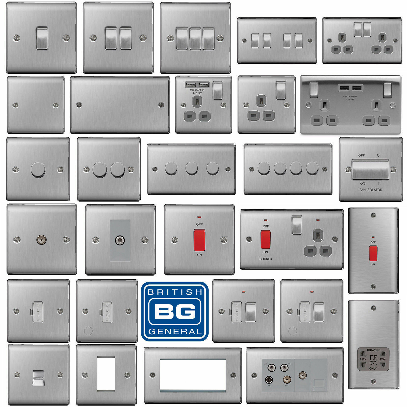 BG Nexus Brushed Steel Switches & Sockets Full Range Satin Chrome Grey ...