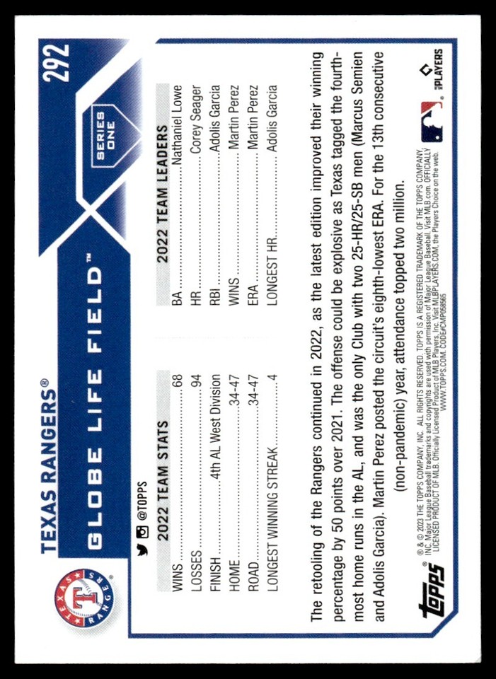 2023 Topps Texas Rangers Baseball Card #292 | eBay