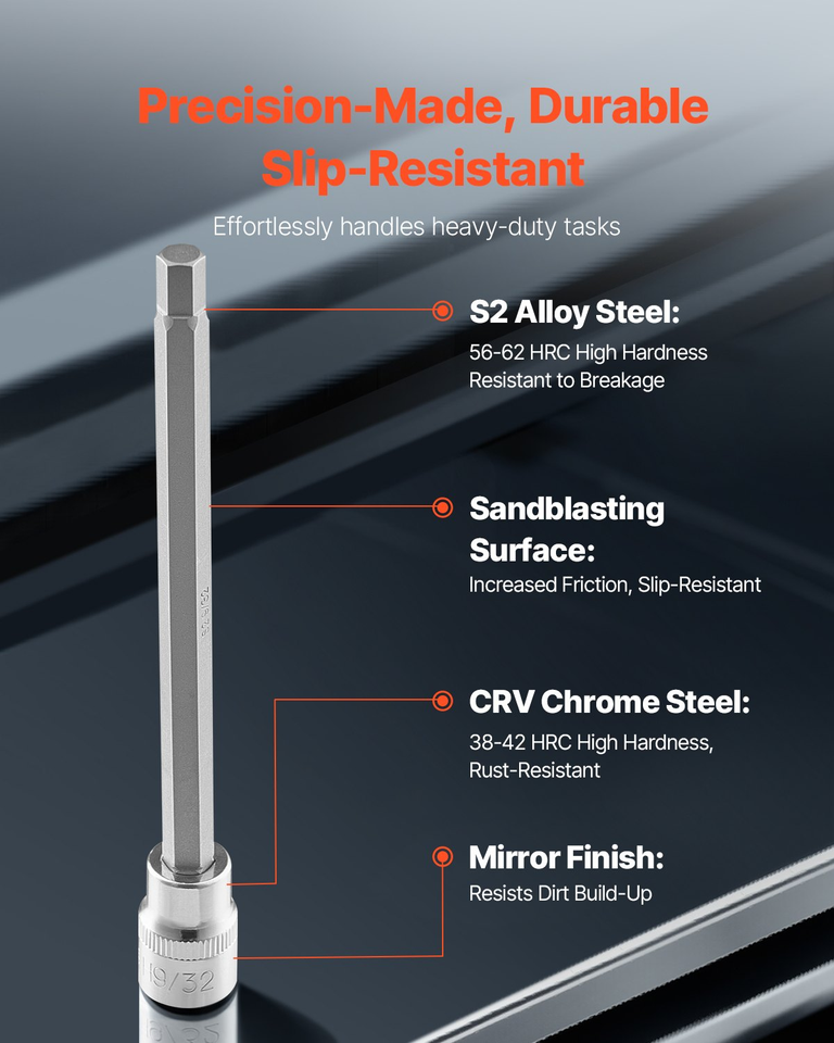 VEVOR Extra Long Allen Hex Bit Socket Set, 18-Piece 3/8 inch Drive, S2 ...