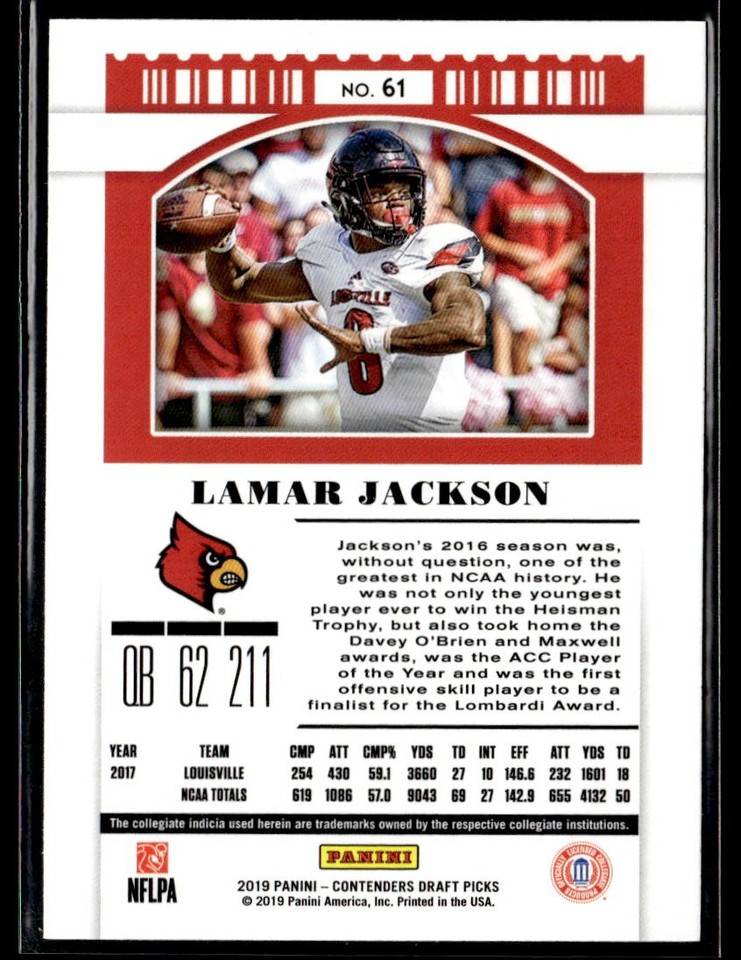 2019 Panini Contenders Draft Picks Collegiate #61 Lamar Jackson Card ...