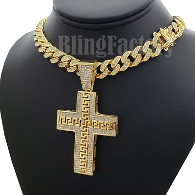 Hip Hop Cross pendant & 12mm 18" Iced Box Lock Miami Cuban Choker Chain ...