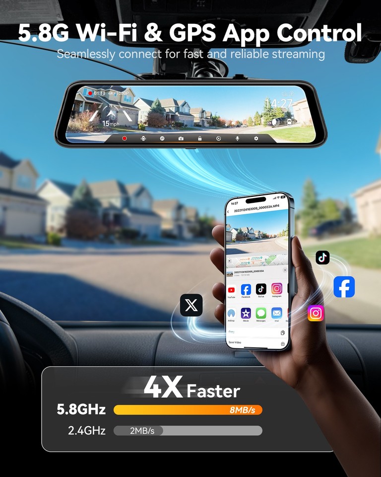 WOLFBOX G850 PRO 12" Mirror Dash Cam 4K With ADAS, 5.8GHz WiFi, Voice ...
