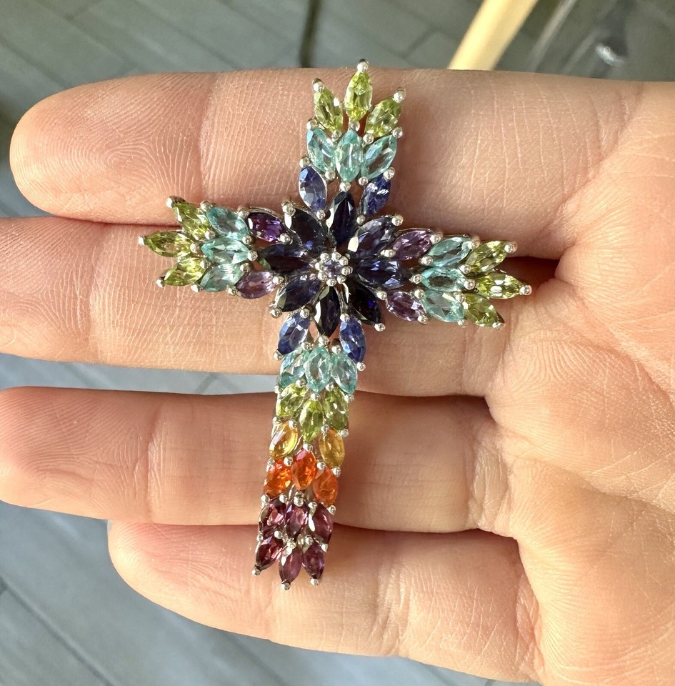Sterling Silver Multi Color Gemstone Cross Pendant | eBay