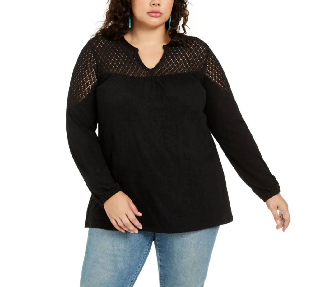 Style & Co. Women's Lace Yoke Shoulders Textured Blouse Black plus size ...