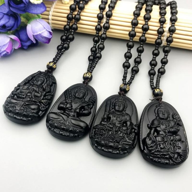 Obsidian Stone Buddha Beads Chain Necklace Imitate Jade Buddhism ...
