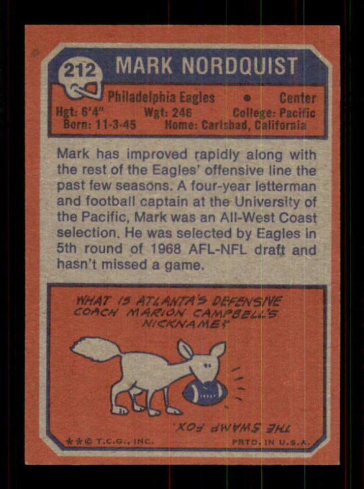 1973 Topps #212 Mark Nordquist EXMT/NM Eagles 239509 | eBay
