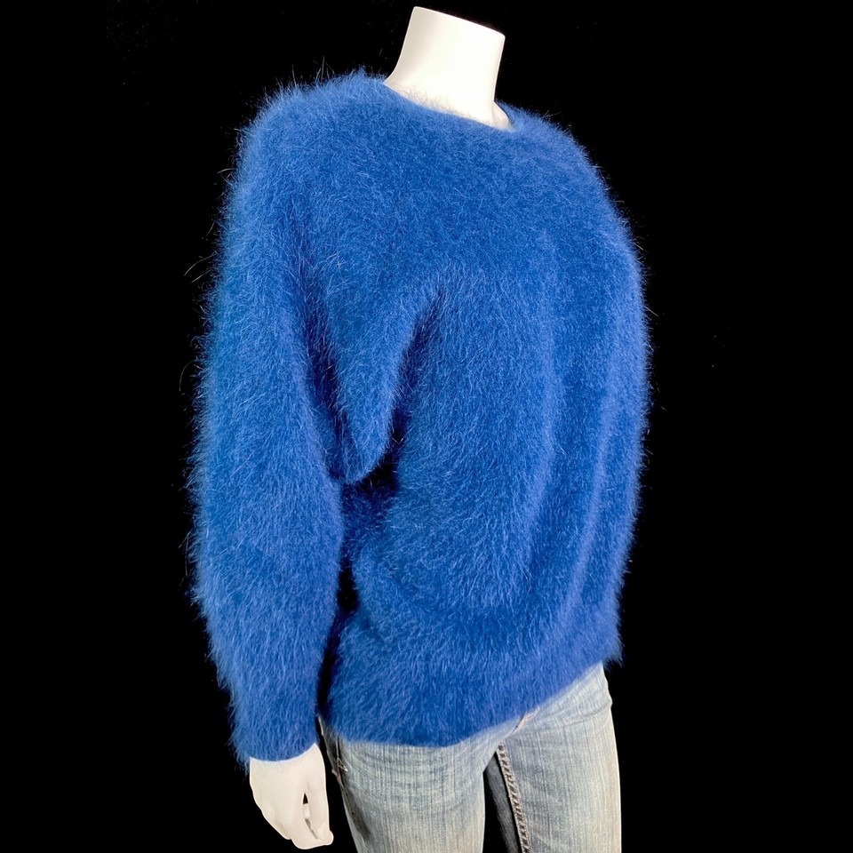 80% Angora Fuzzy Vintage Navy Blue Dolman Back-Button Pullover Sweater ...