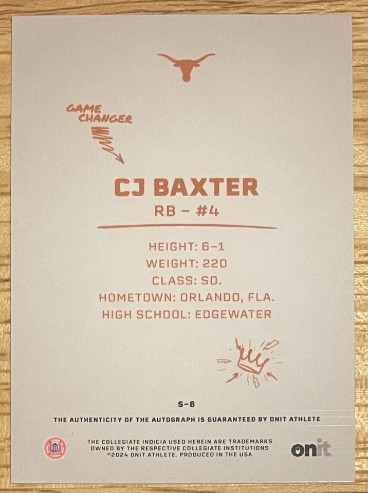 2024 CJ Baxter Texas Longhorns Onit Athlete🔥RARE INSERT ON CARD AUTO 95 ...