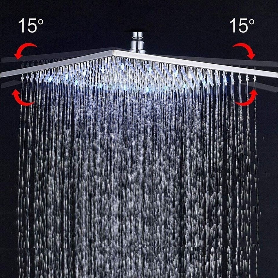 Chrome 16" LED Square Rainfall Adjustable Shower Head Overhead Top ...