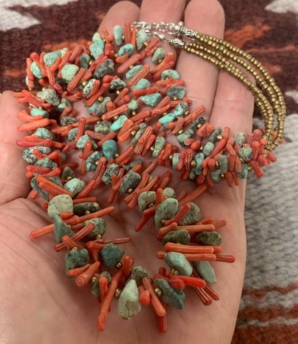 Beautiful multi-strands rustic turquoise/coral necklace22"/(b237-w2) | eBay