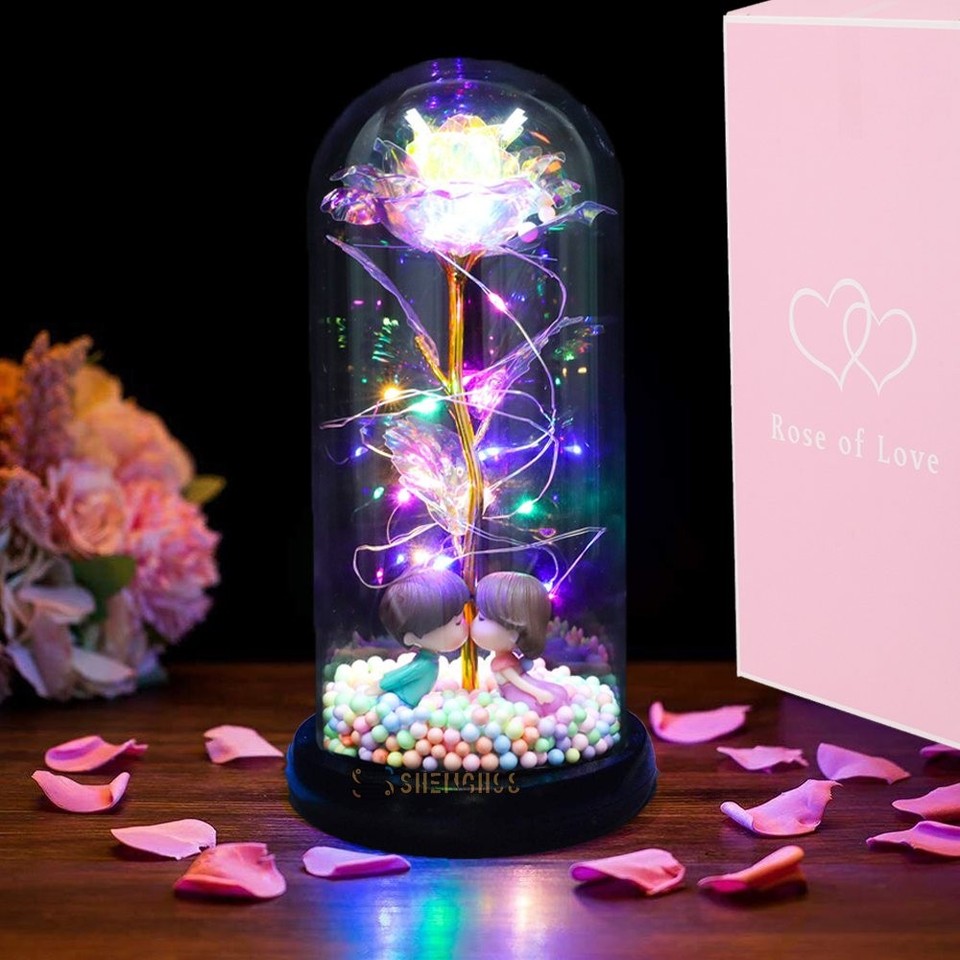 Rainbow Rose In Glass Crystal Flower Dome Rose LED Light Up Rose ...