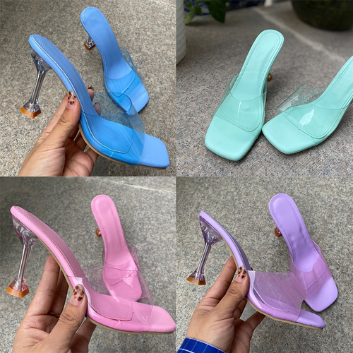 Women's Square Open Toe High Heel Sandals Clear Single Band Slip on ...