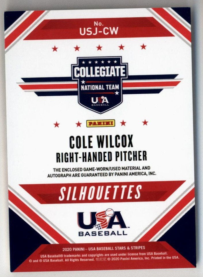 2020 USA Baseball Stars and Stripes Silhouettes Cole Wilcox Patch Auto ...