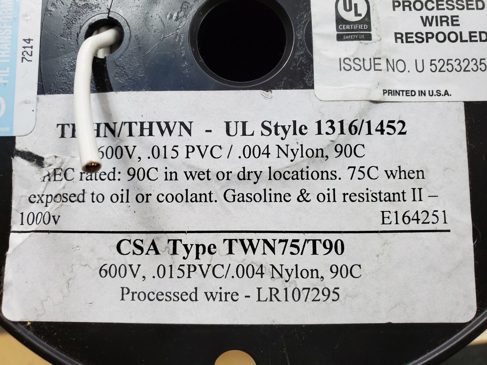 Copper WHITE 600 volt CSA Type TWN75/T90 Processed wire-LR107295 (500FT ...